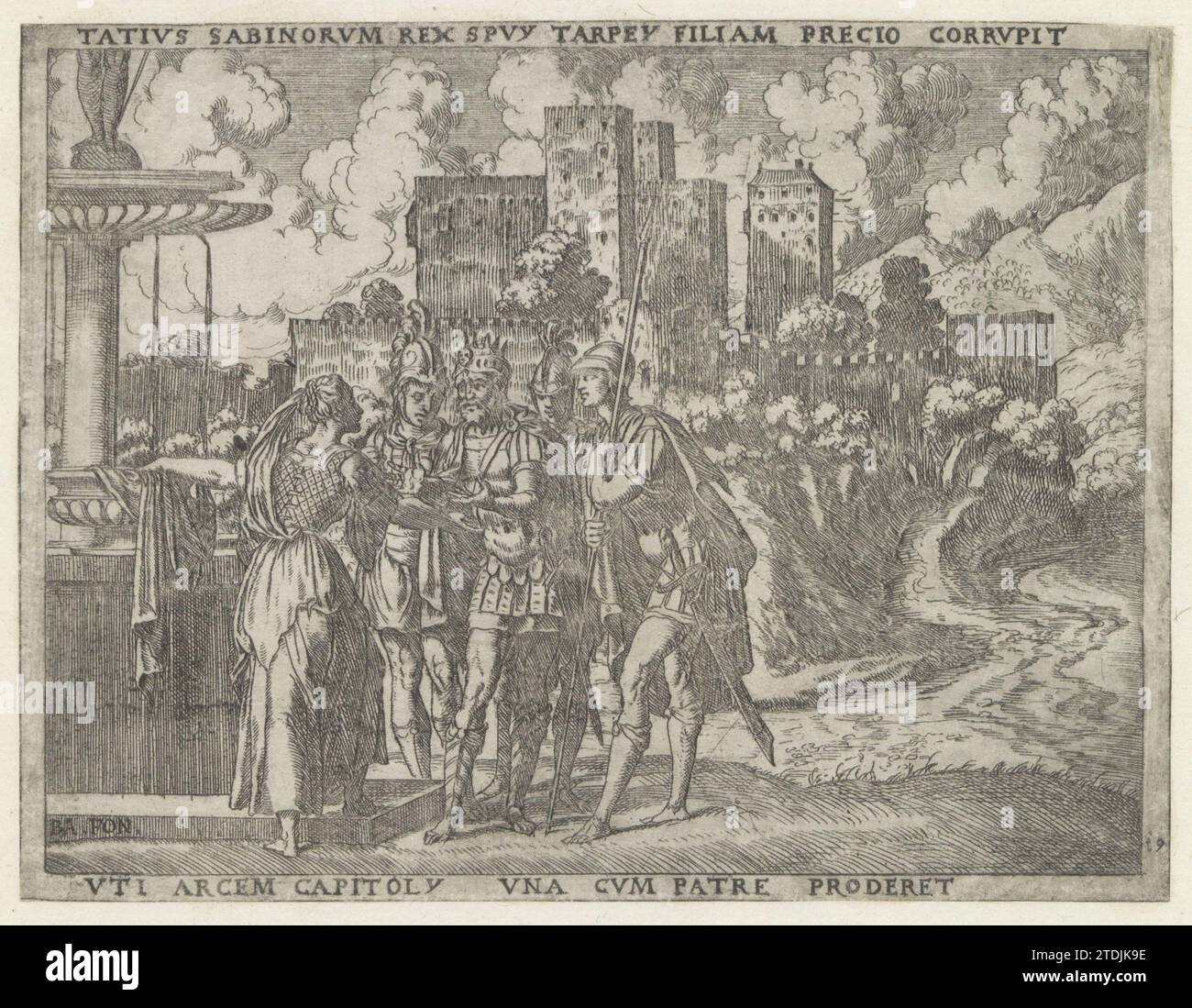 Tarpeia is persuaded by Titus Tatius to open the city gates, 1572 ...
