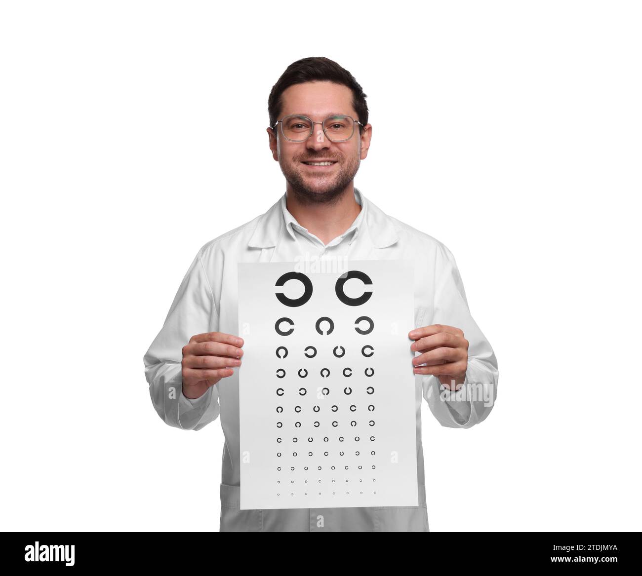 Ophthalmologist with vision test chart on white background Stock Photo ...
