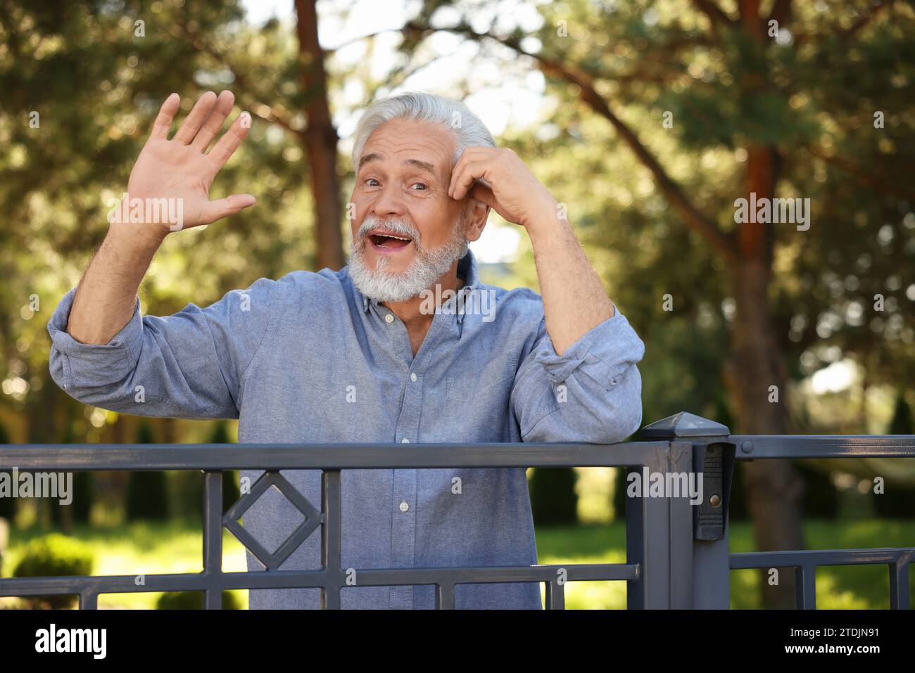Neighbor greeting. Happy senior man waving near fence outdoors Stock ...