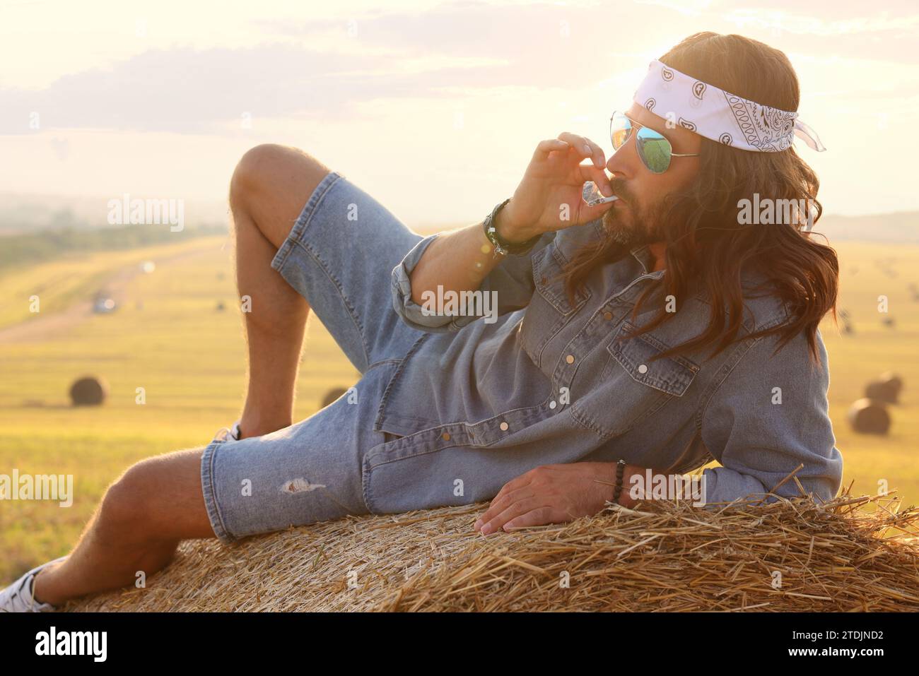Hippie man smoking joint on hay bale in field Stock Photo - Alamy