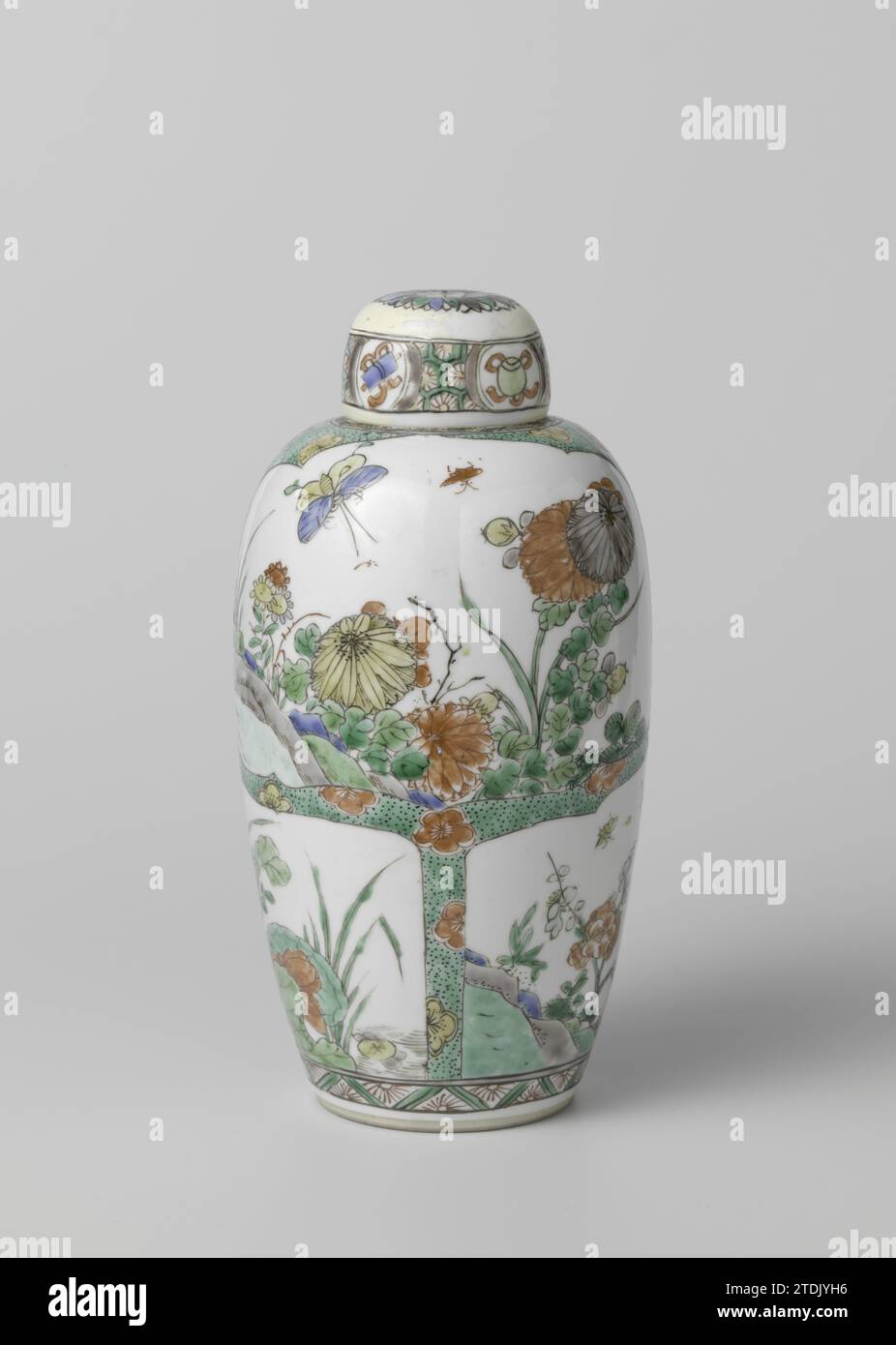 Ovoid covered jar with flowering plants in panels, anonymous, c. 1700 ...