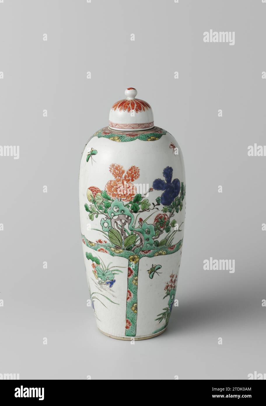 Ovoid covered jar with flowering plants in panels, anonymous, c. 1700 ...