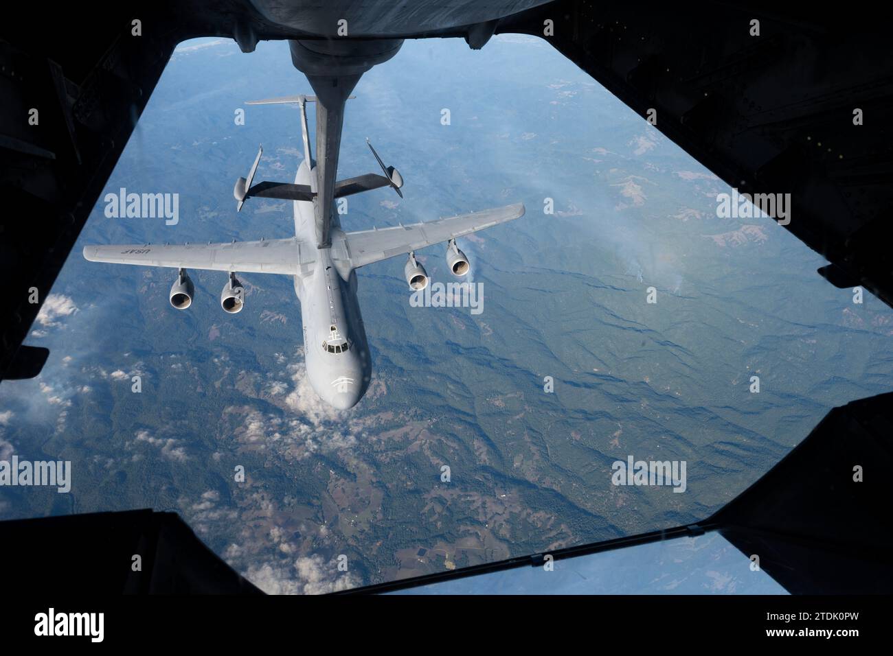 A C-5M Super Galaxy approaches the boom of a KC-10 Extender to perform ...