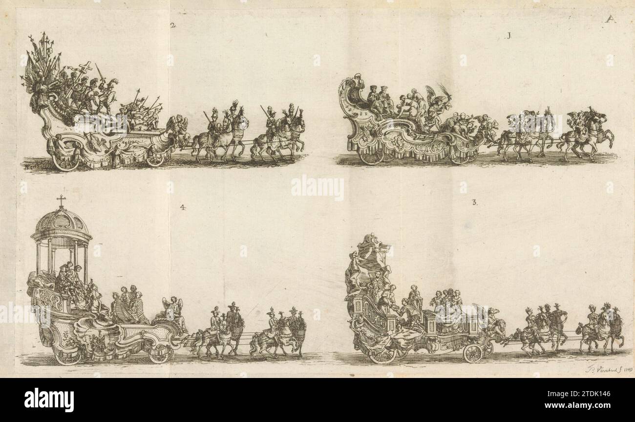 Four floats, numbered 1-4, 1749, 1749 Four floats or triumph cars with ...