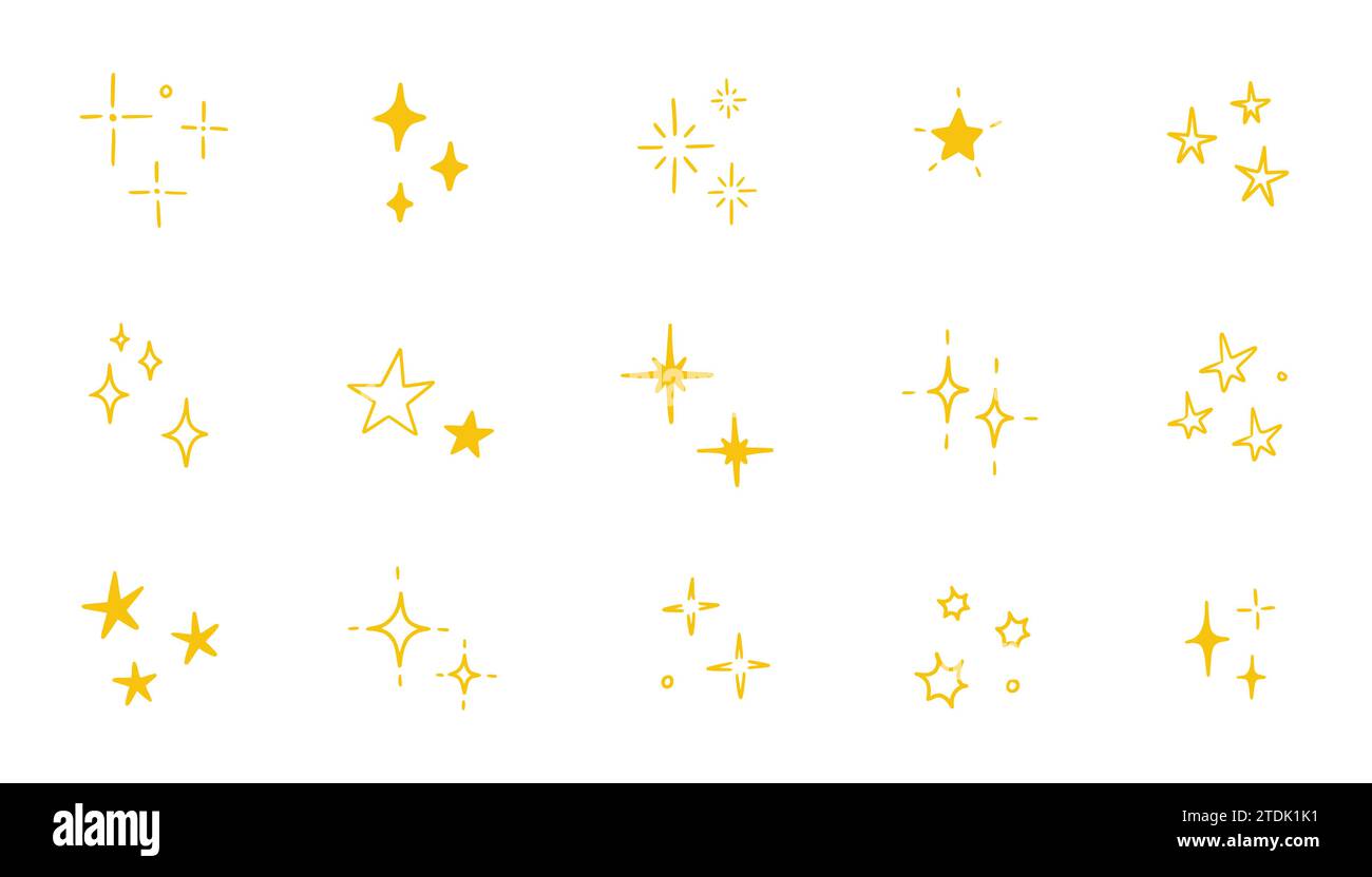 Hand drawn gold star sparkle shine of doodle set. Yellow star shine twinkle glow, spark glitter ...