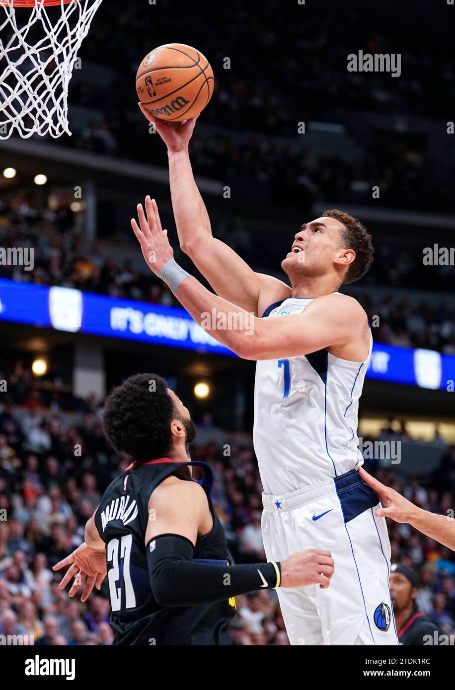 Dallas Mavericks center Dwight Powell (7) shoots against Denver Nuggets ...