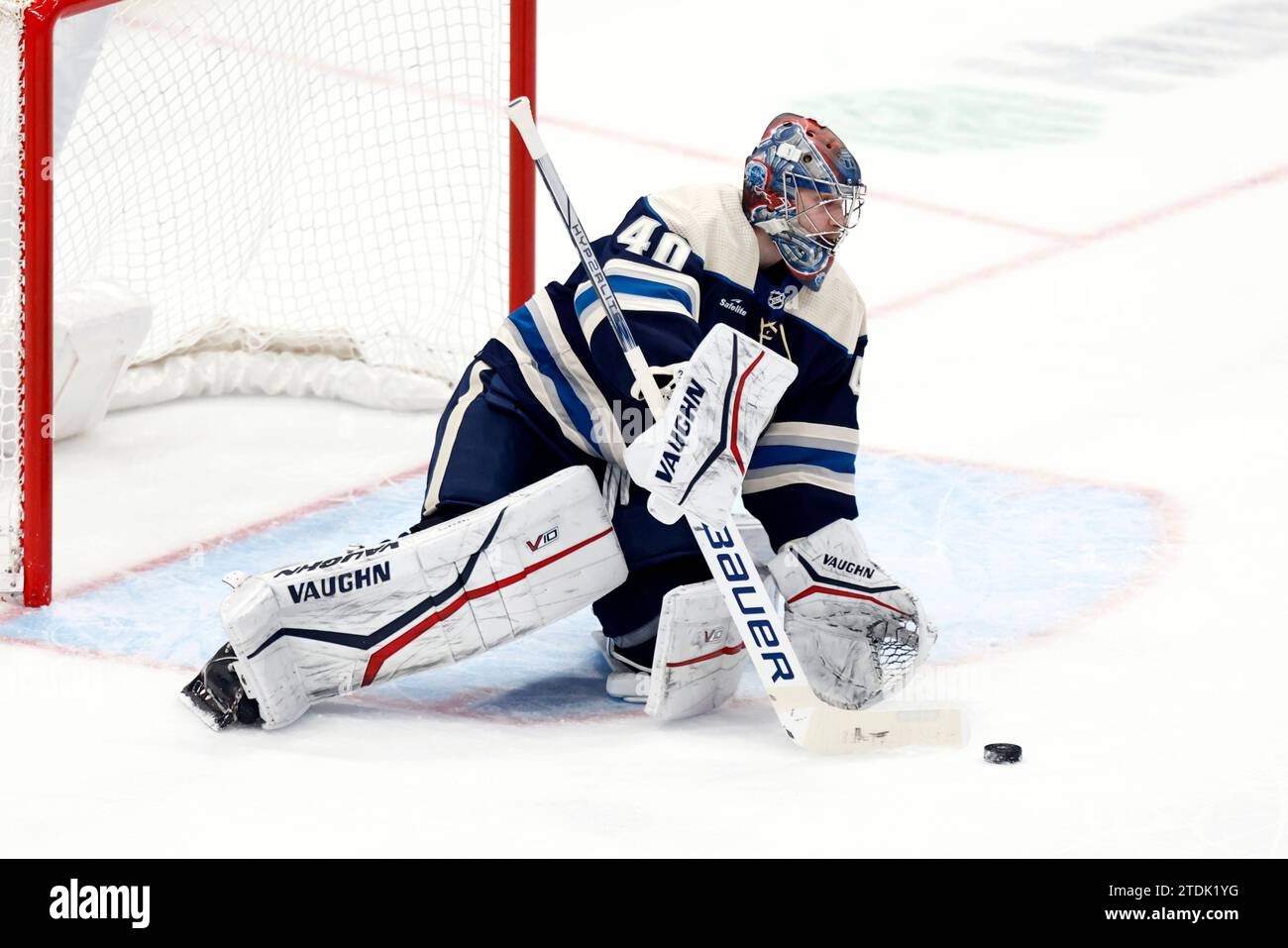 Columbus Blue Jackets goalie Daniil Tarasov makes a stop against the ...