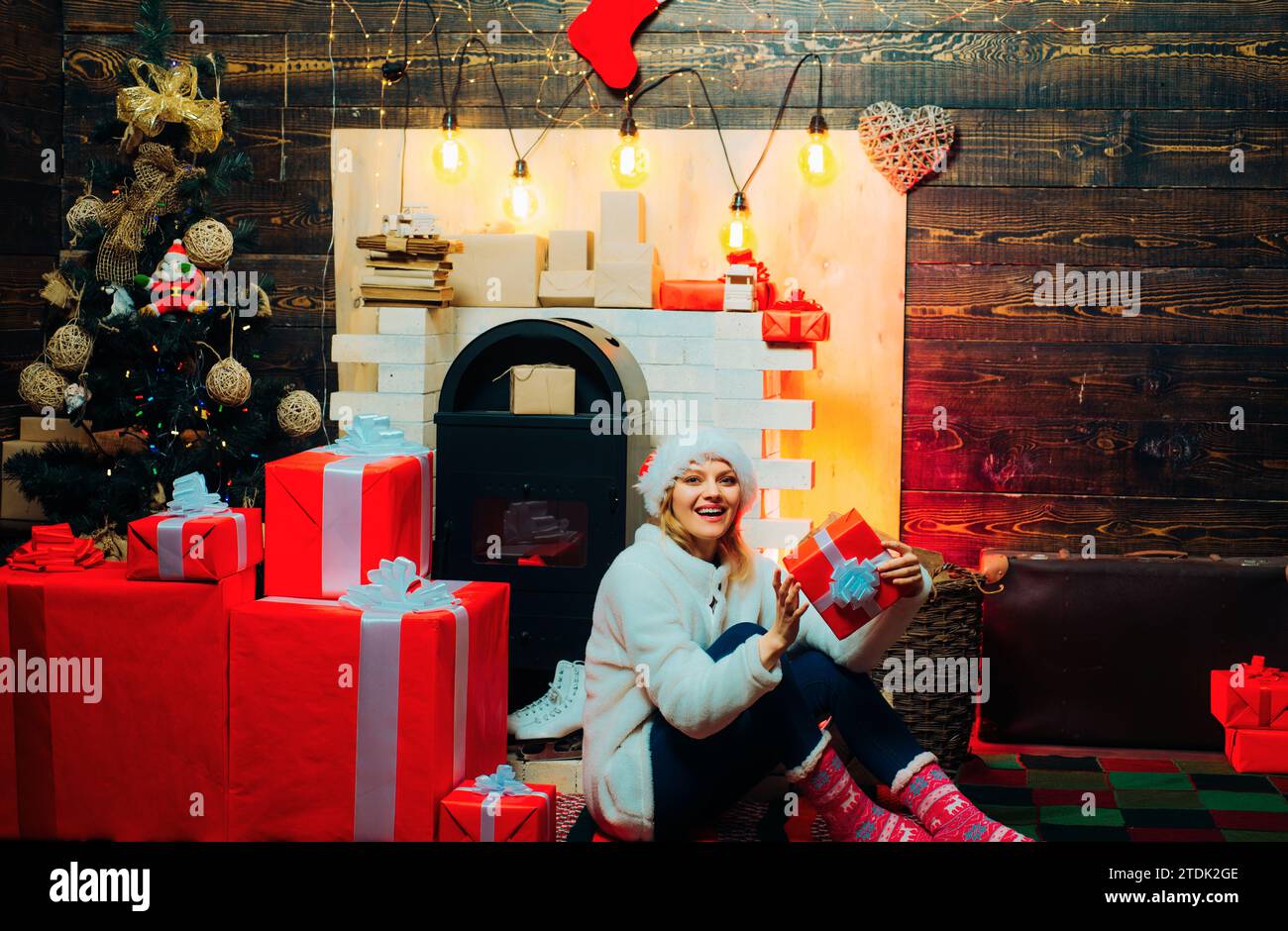 Celebration. Christmas woman. Positive human emotions facial ...