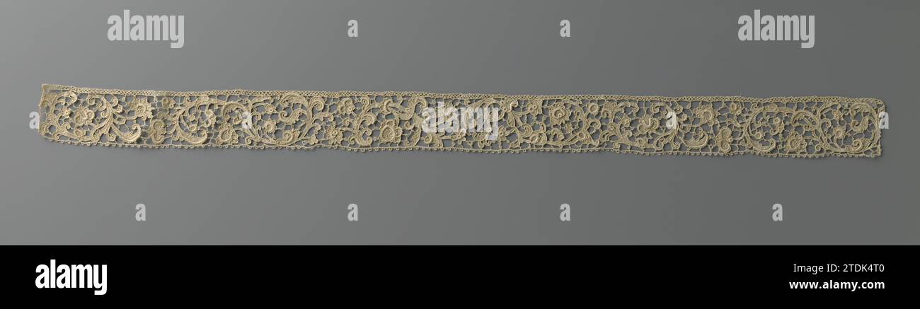 Strip of needle side with flowers and leaves on volutes, anonymous, c ...
