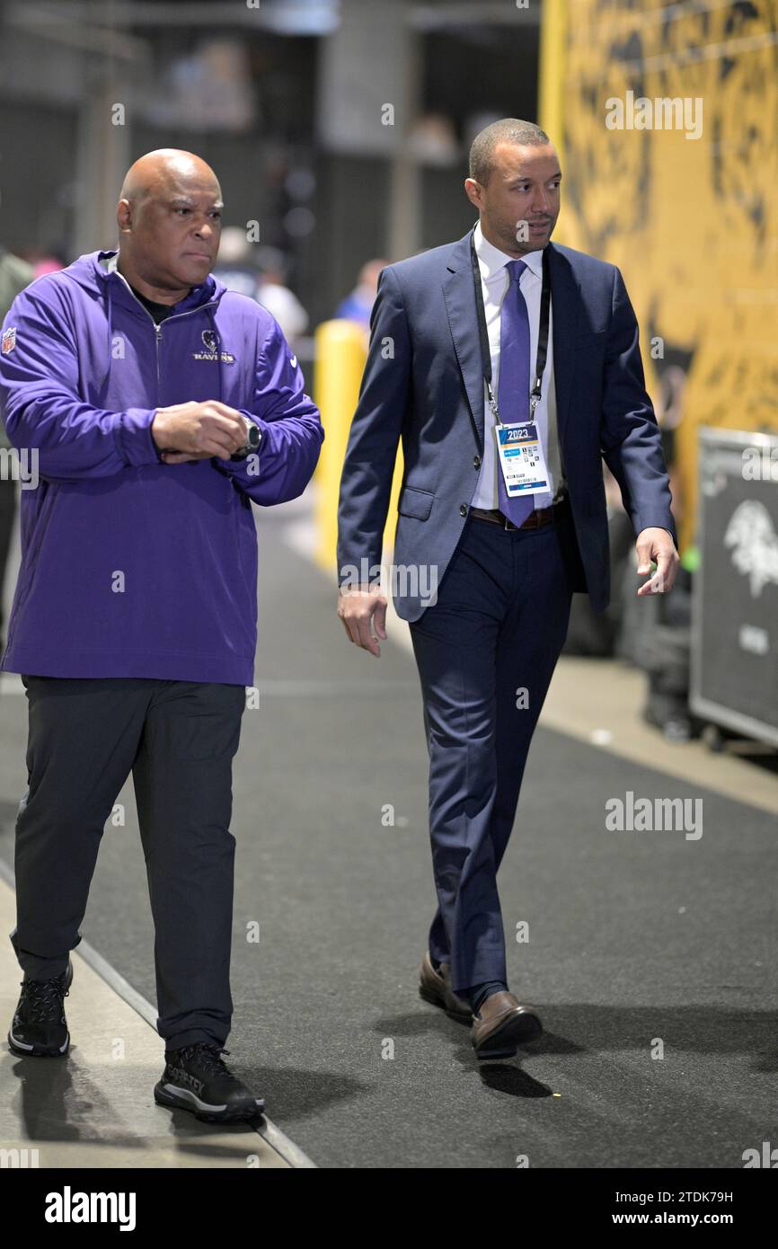 Baltimore Ravens president Sashi Brown, right, arrives to the stadium ...