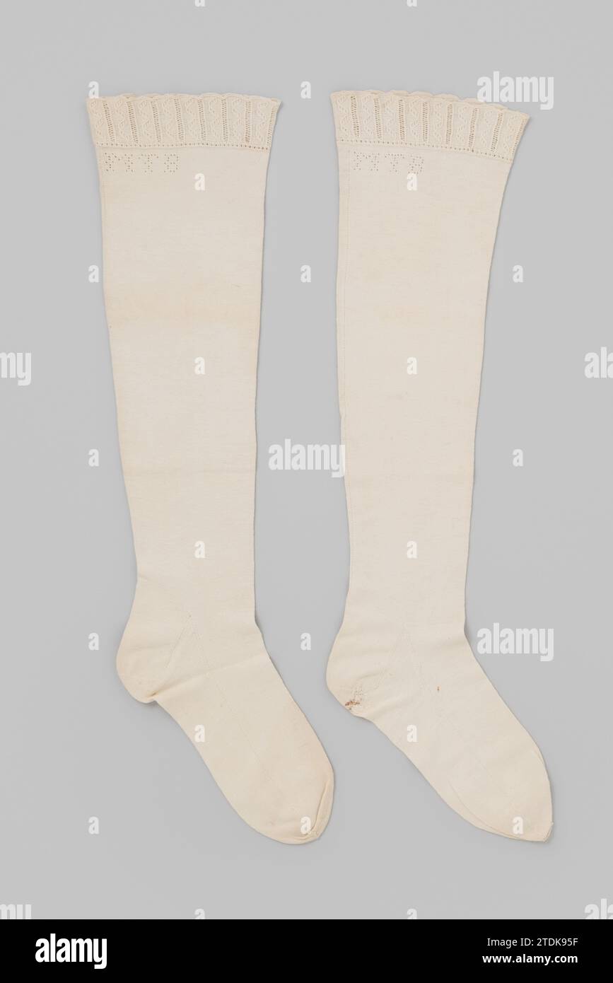 Stocking, pair, knitted with scalloped upper edge, decorated with ...