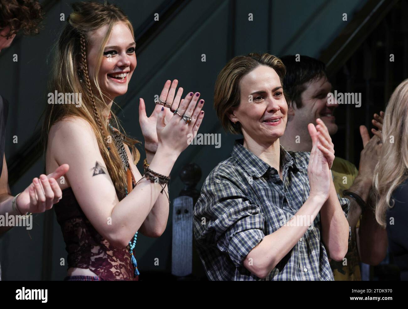Elle Fanning, from left and Sarah Paulson participate in the curtain ...