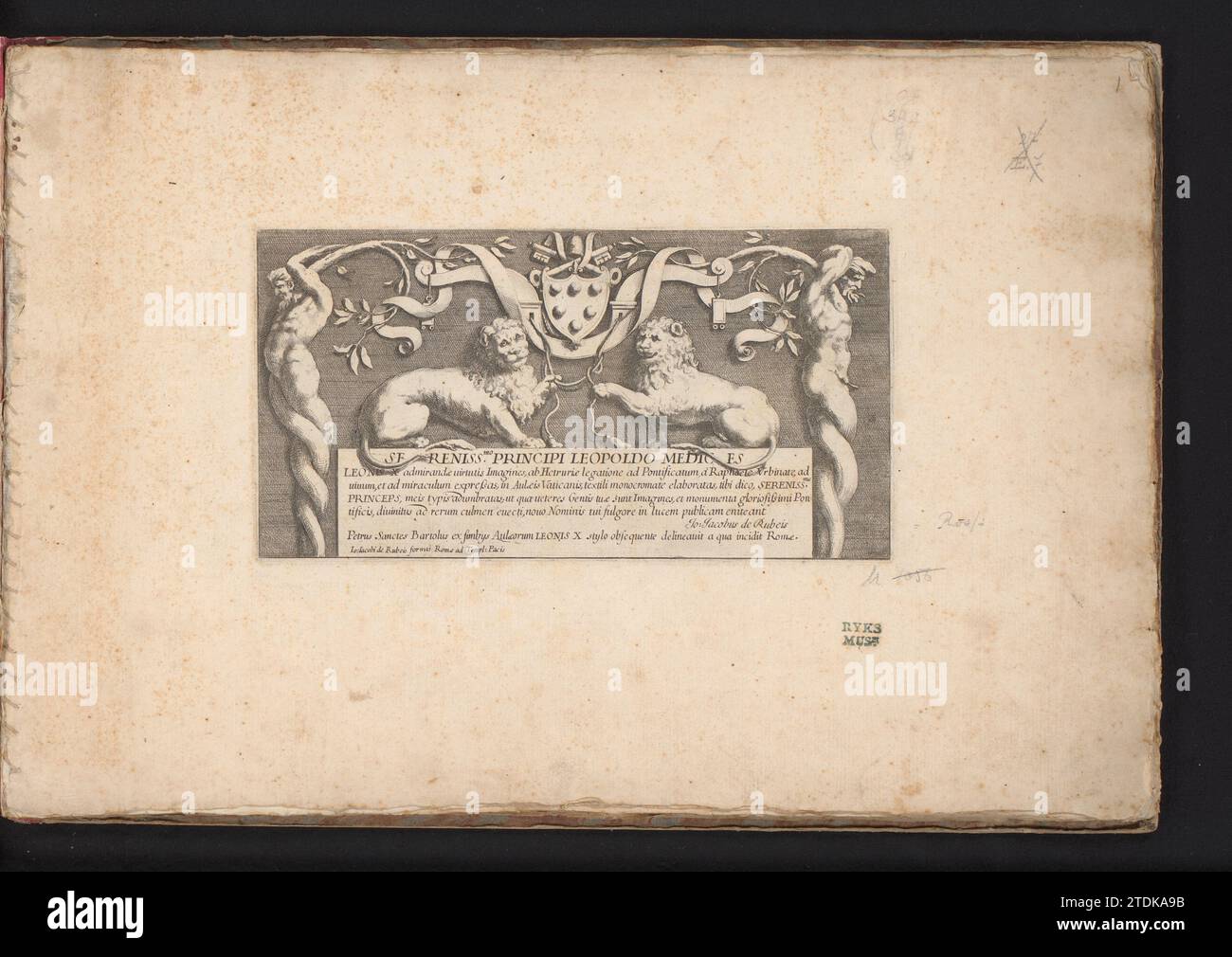 Title print with two lions and two men who have fused half to tree ...