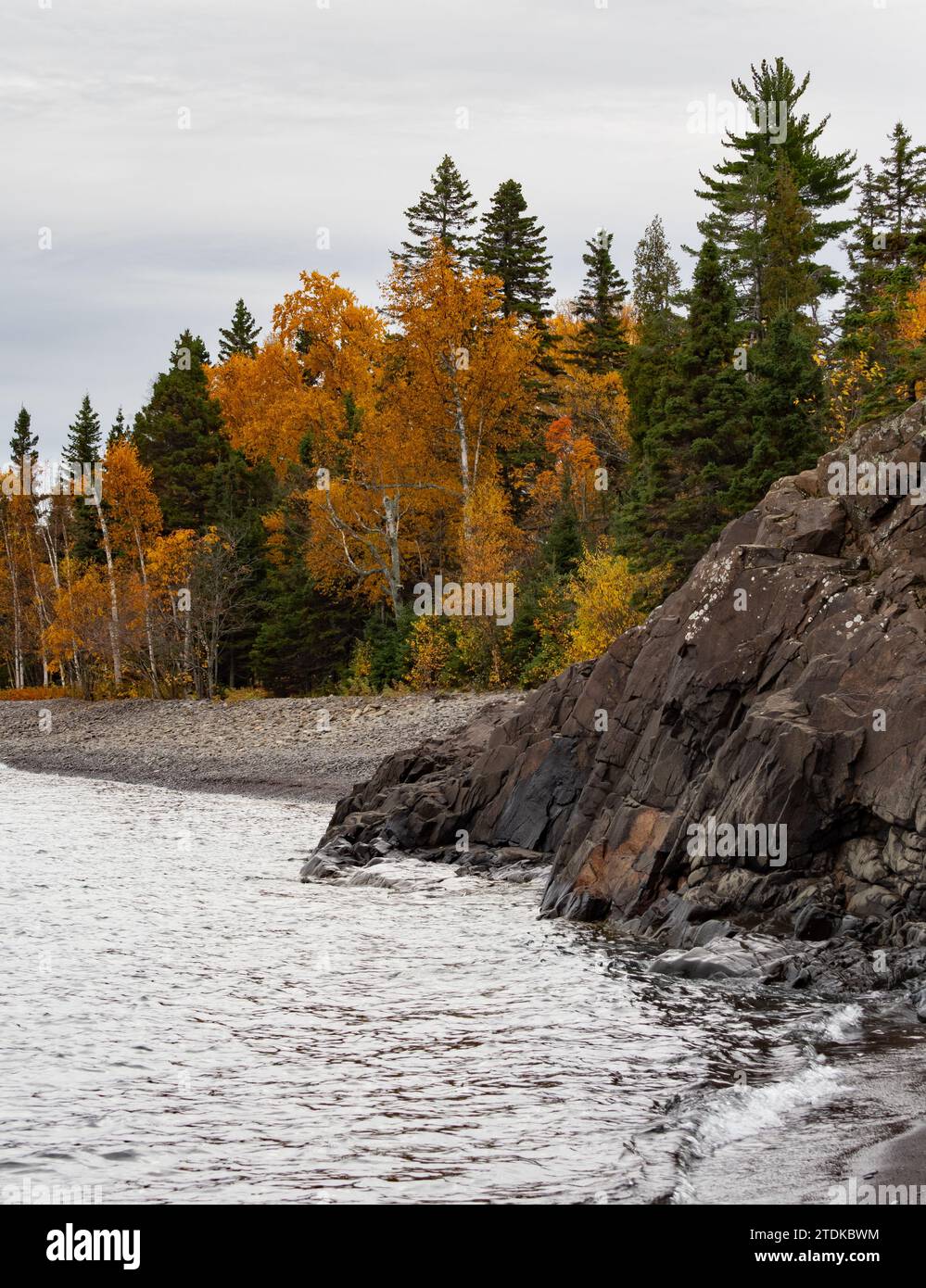 Rocky shoreline of Lake Superior on a stormy day with trees with autumn ...