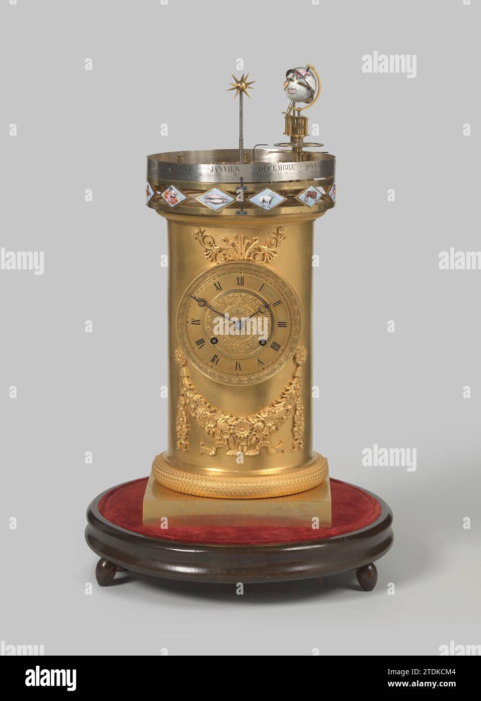 Planetarium clock in the form of a tower on square ground surface with ...