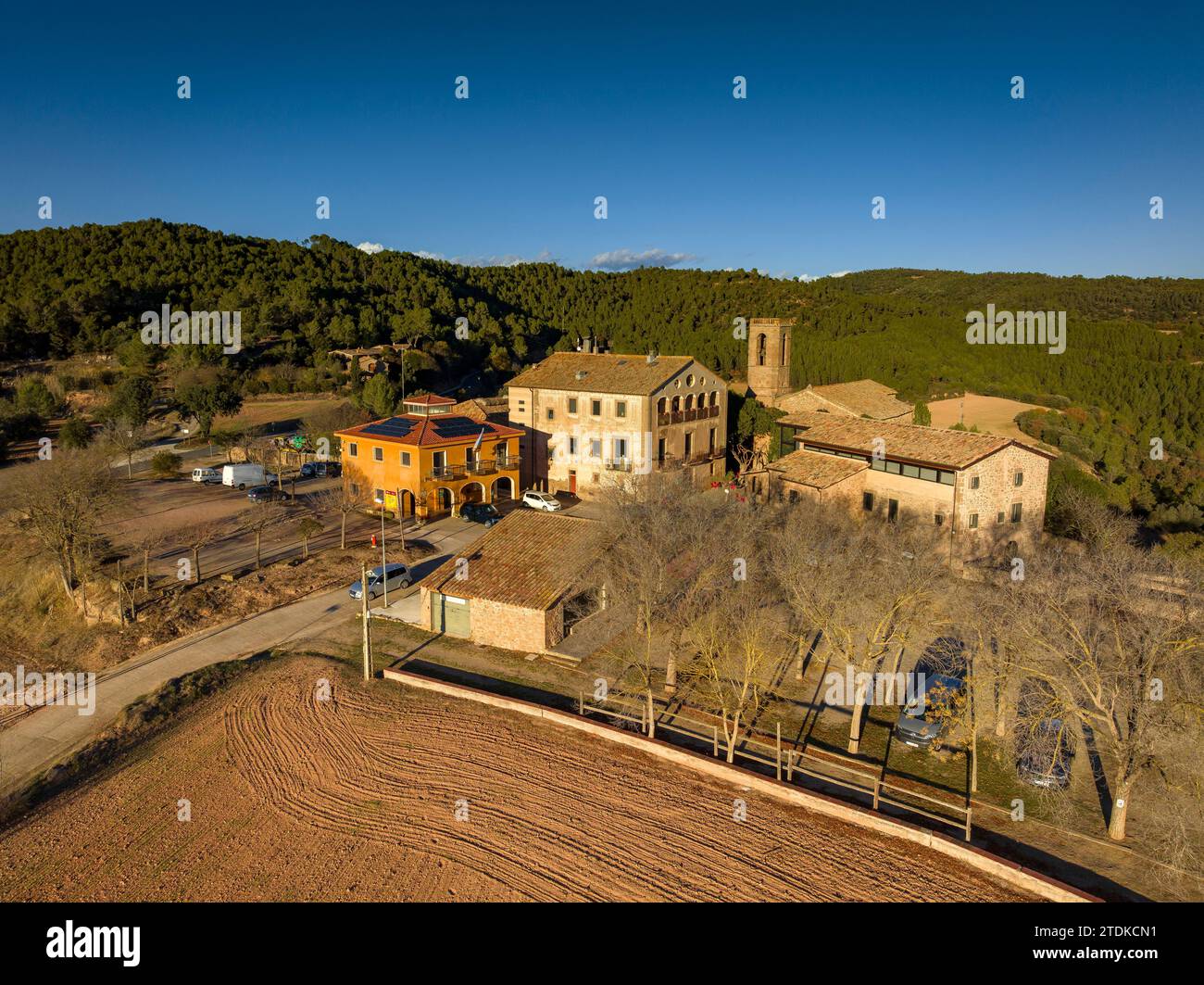 Aerial view of the village of Gaià and its rural surroundings on a ...