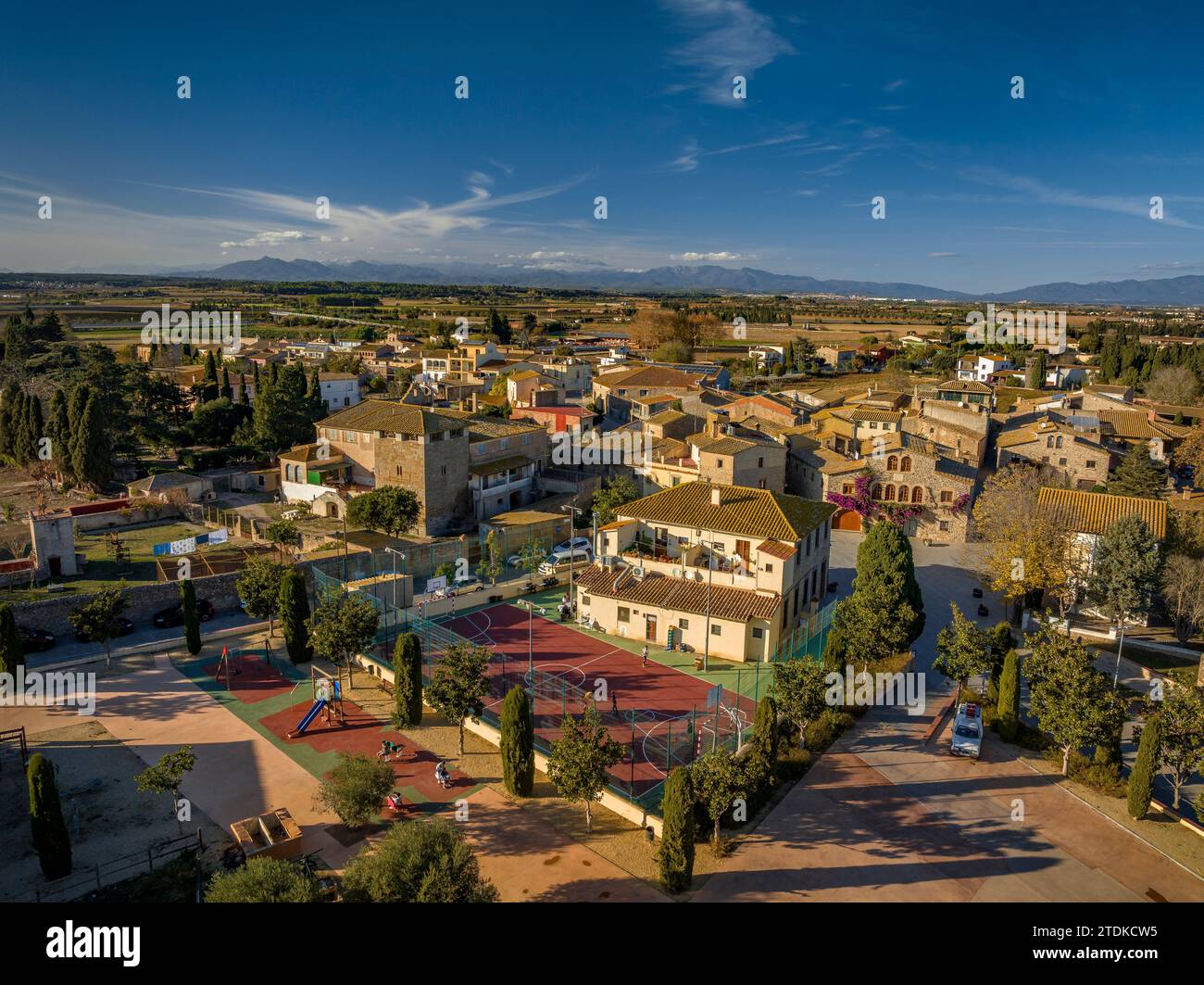 Aerial view of the village of Torroella de Fluvià on an autumn ...