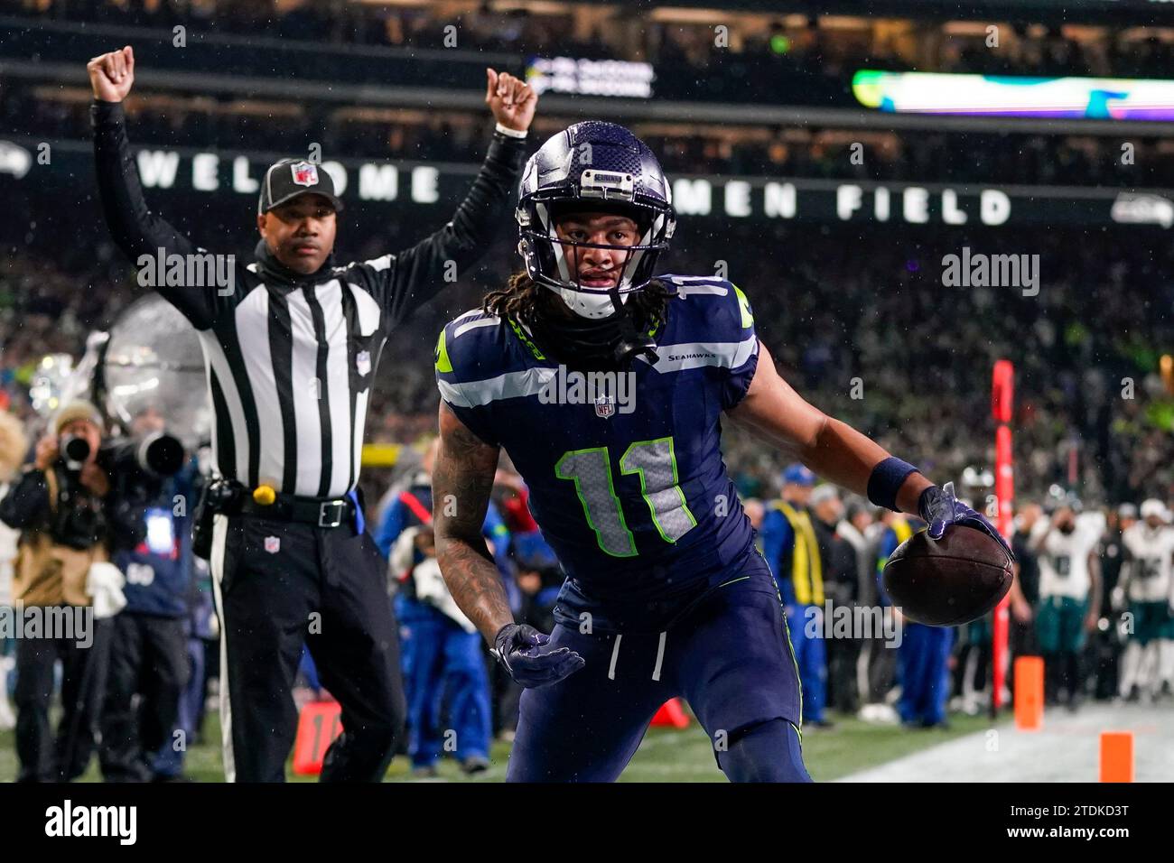 Seattle Seahawks wide receiver Jaxon Smith-Njigba (11) reacts after scoring on a touchdown catch ...