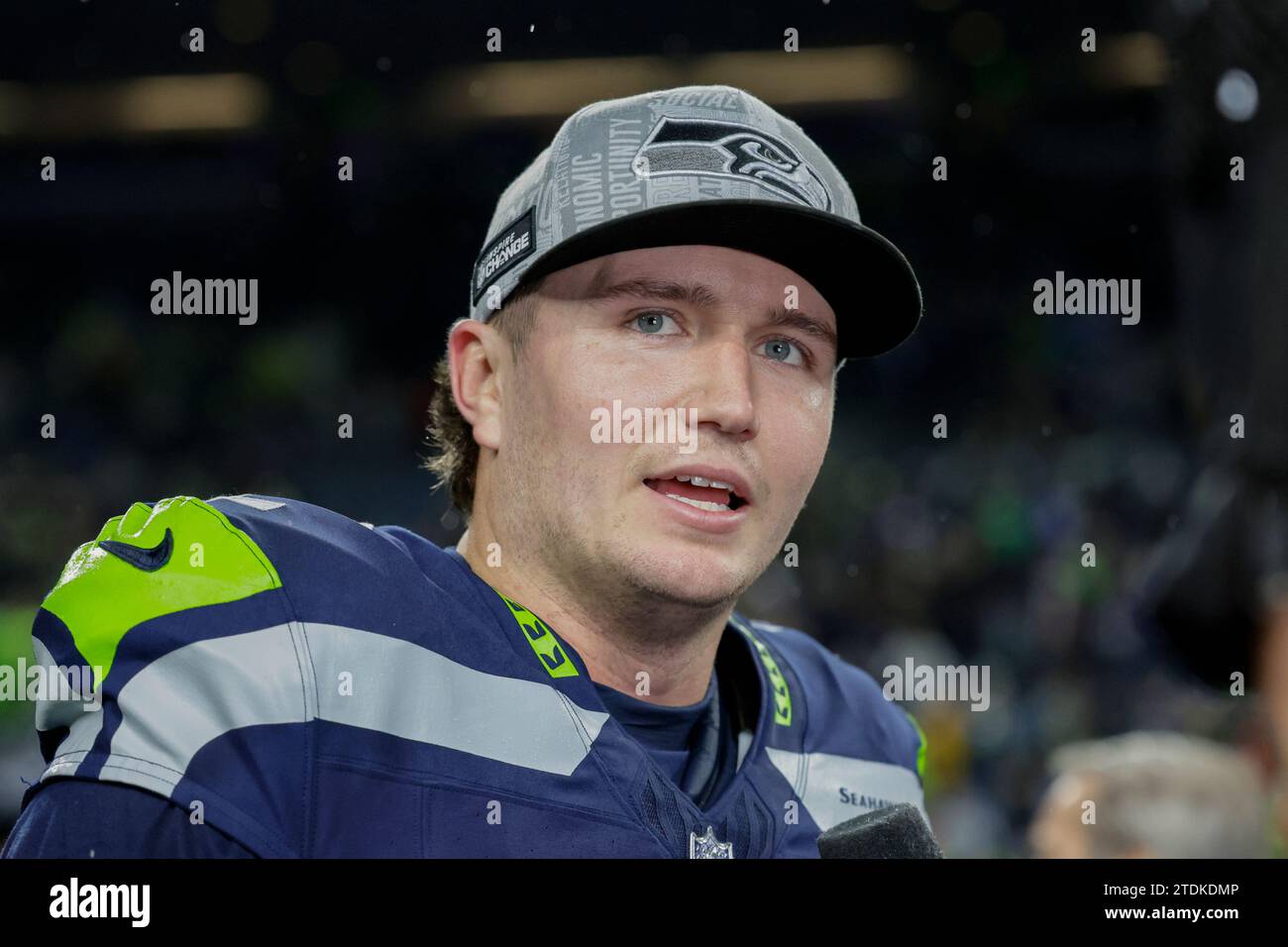 Seattle Seahawks quarterback Drew Lock is interviewed following an NFL ...