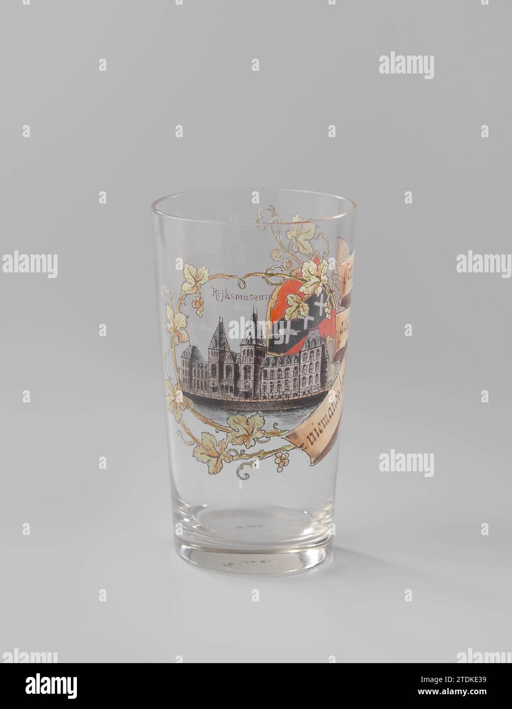 Cup of clear colorless glass, painted in polychrome email with the ...