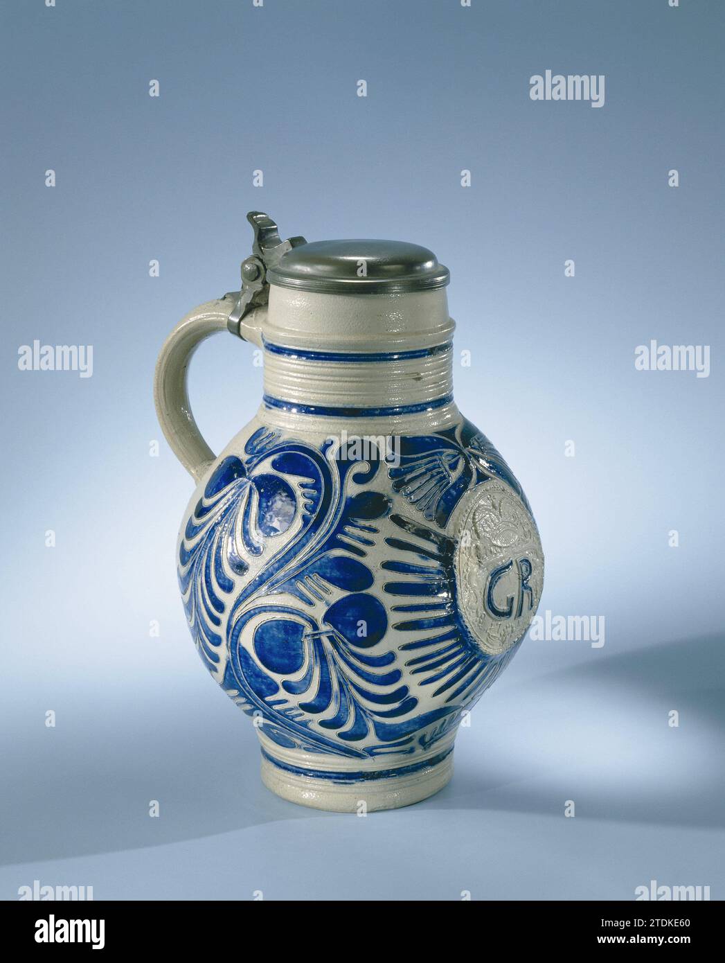 Jug with the monogram 'GR' and foliate scrolls, anonymous, 1724 Jug of stoneware on a high base ...