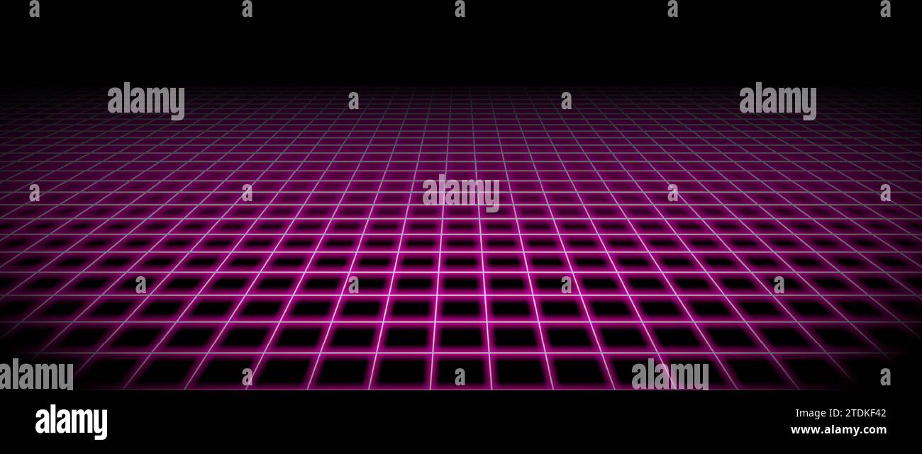 Glowing pink neon wireframe horizon background. Magenta grid room floor ...