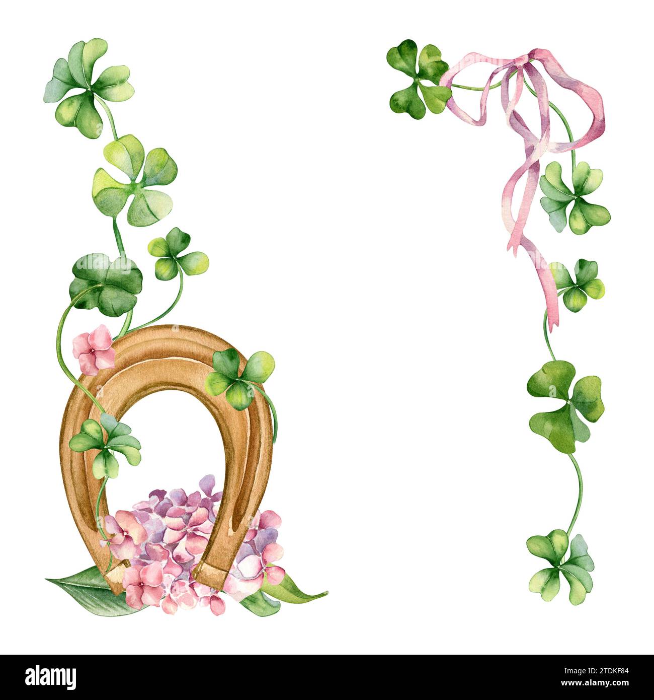 Frame with horseshoe and clover watercolor illustration isolated on ...