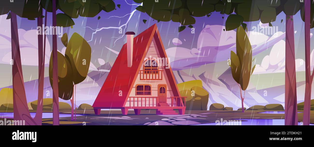 Cartoon landscape with wooden house in forest near mountains under ...