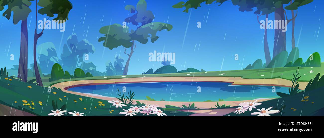 Lake in rainy summer forest. Vector cartoon illustration of wet trees ...