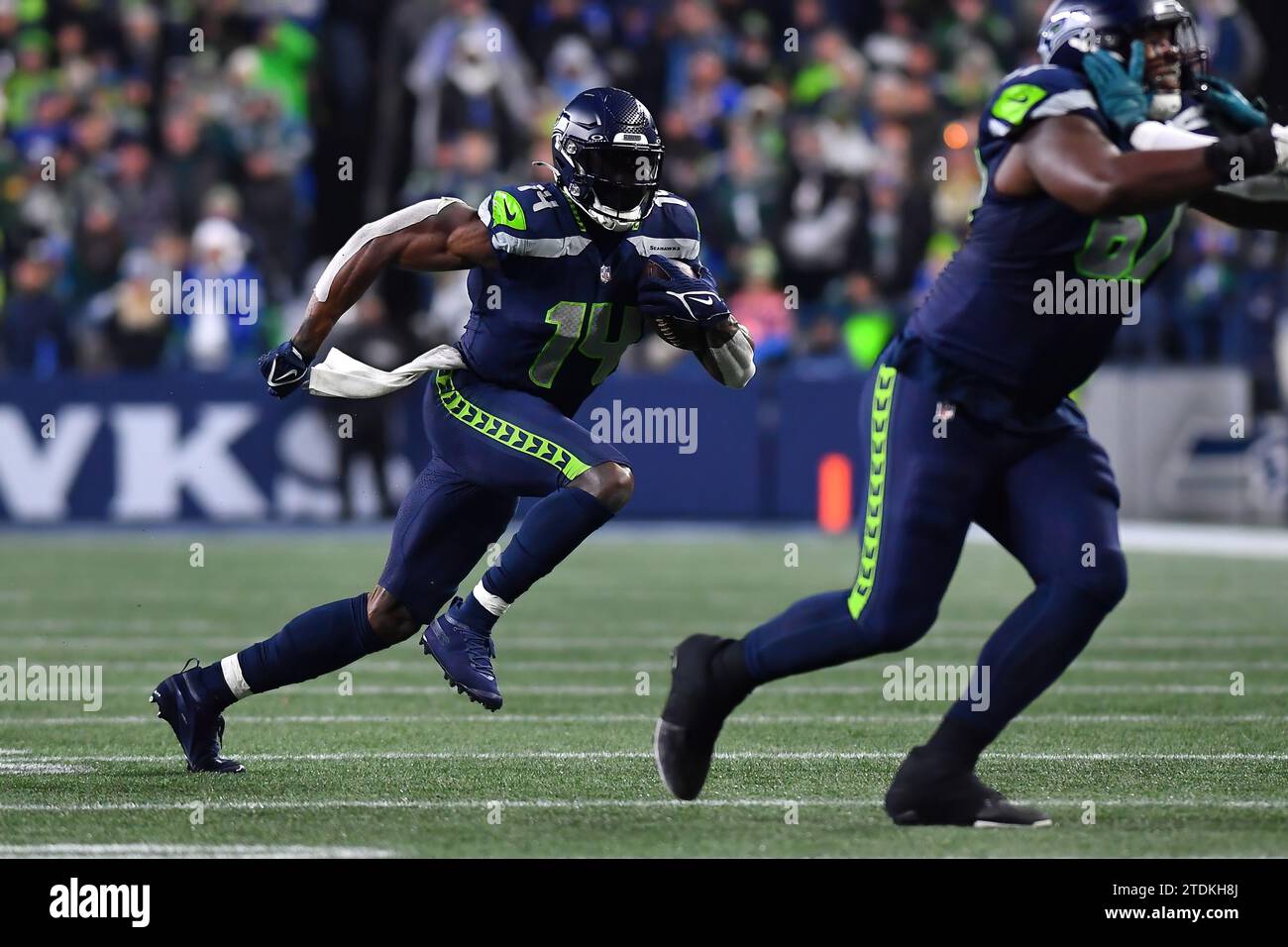 Seattle, WA, USA. 18th Dec, 2023. Seattle Seahawks wide receiver DK Metcalf (14) picks up extra ...
