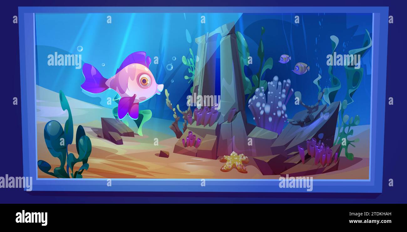 Sandy bottom of aquarium or oceanarium with cartoon fish, corals and ...