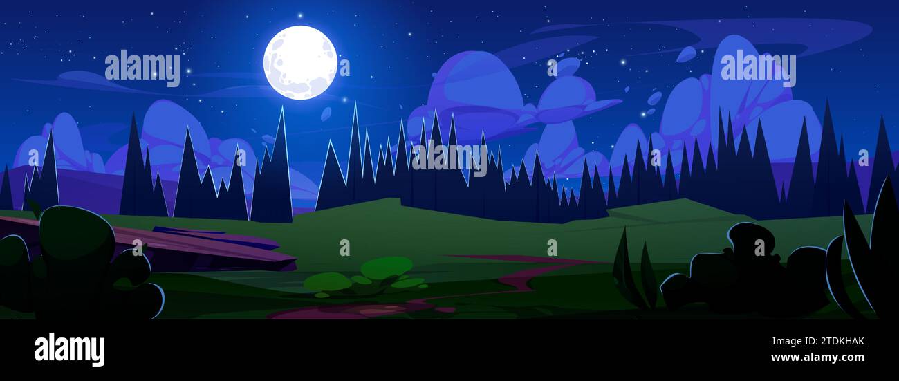 Cartoon night landscape with meadow and forest at midnight under fool ...