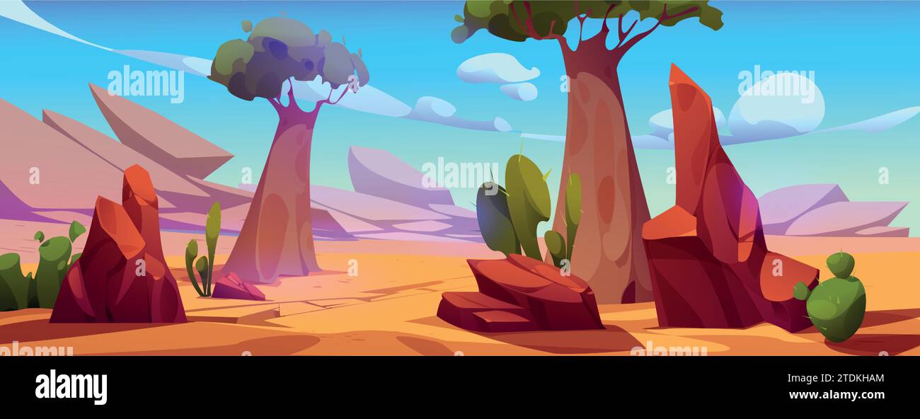 Canyon desert landscape with baobab tree and cacti. Vector cartoon ...