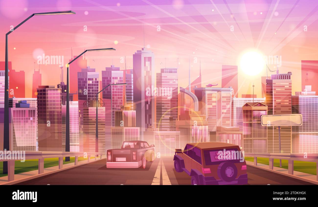 Road leads to downtown area with multistorey buildings at sunset or ...