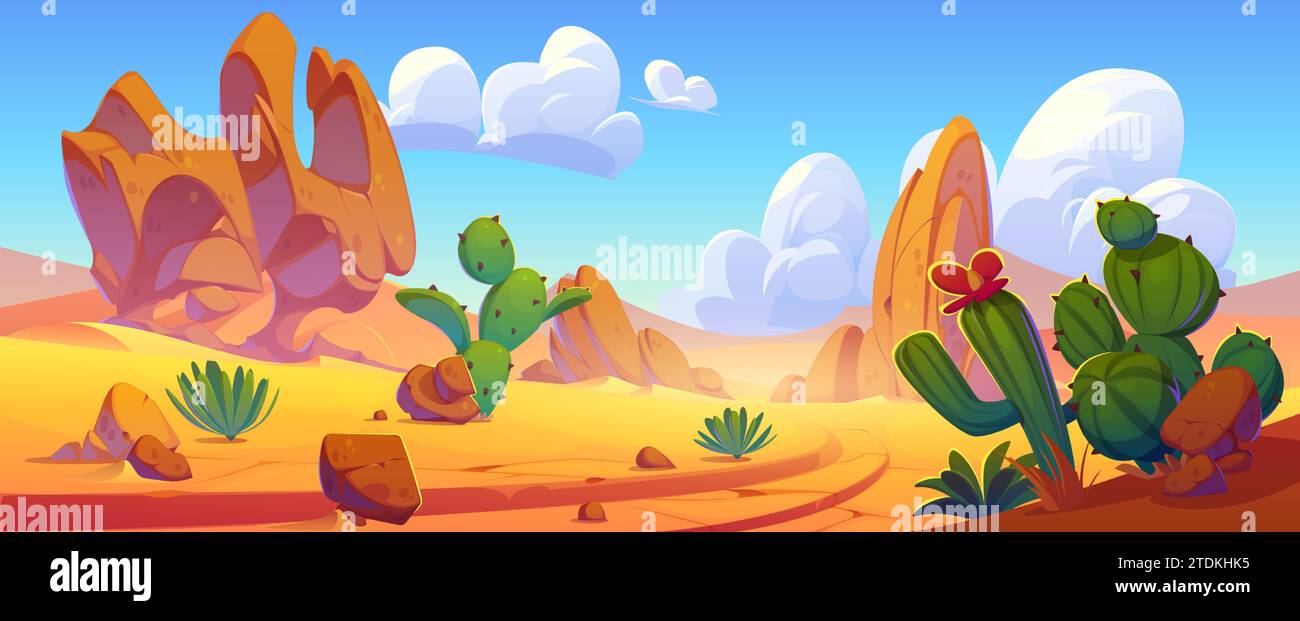 Arizona dry desert landscape with red rocks, cliff mountains and cactus ...