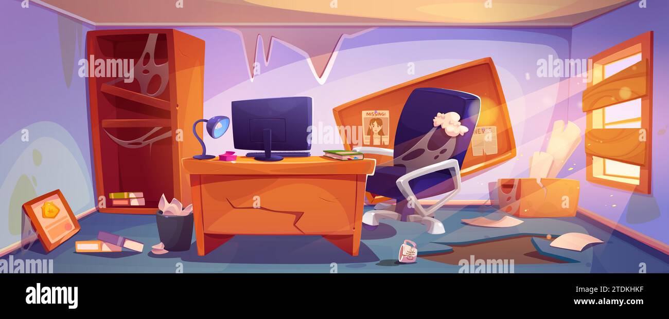 Abandoned and broken detective or crime bureau room with damaged ...