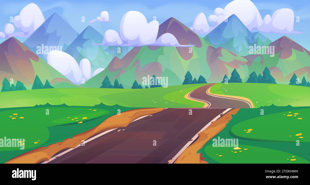 Empty curve asphalt road among green trees and grass, mountains and ...
