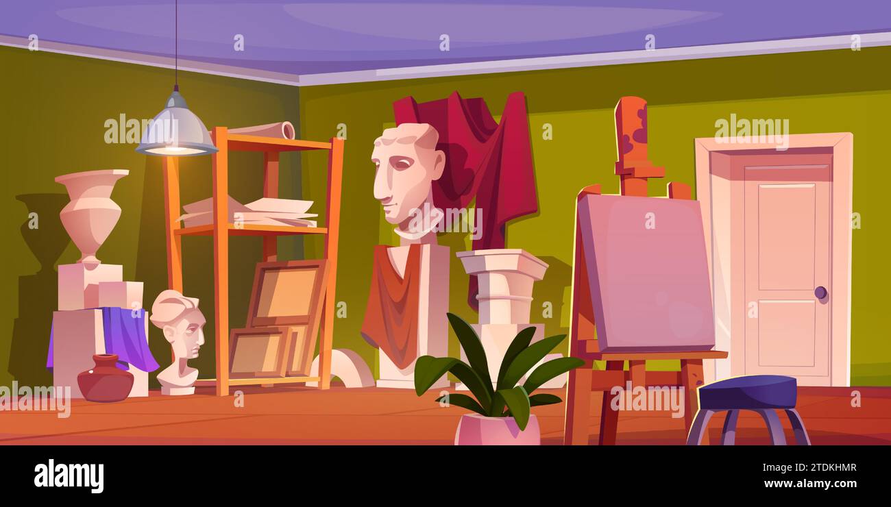 Artist or sculptor workshop interior. Vector cartoon illustration of ...