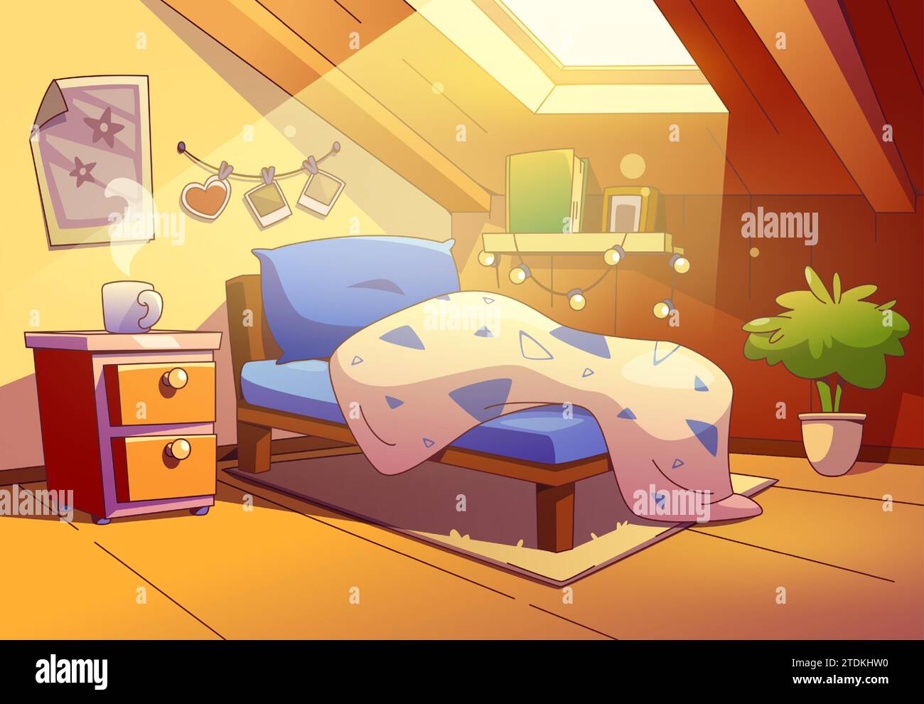 Attic bedroom interior with furniture and accessories. Cartoon vector ...
