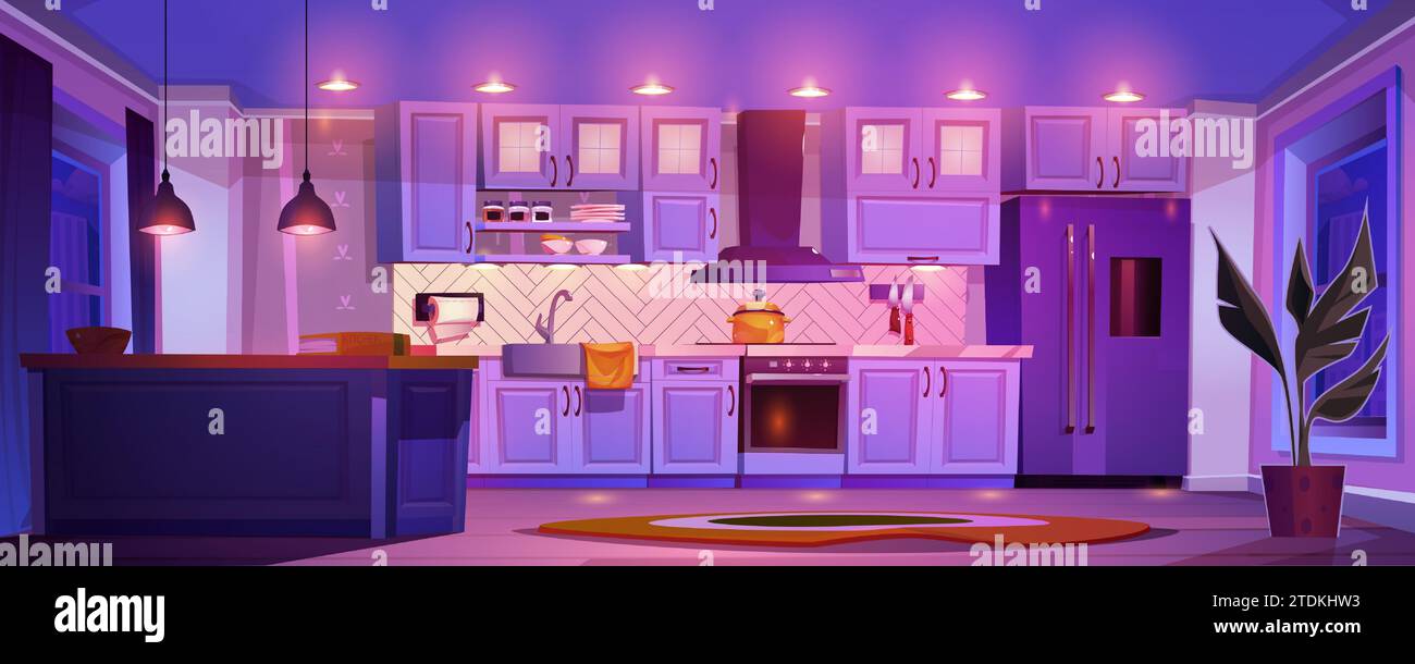 Home kitchen interior at night with clean modern furniture and ...