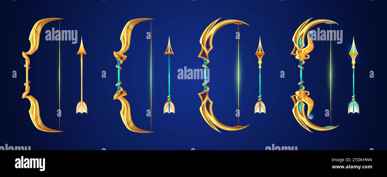Golden bows and arrows set isolated on background. Vector cartoon ...