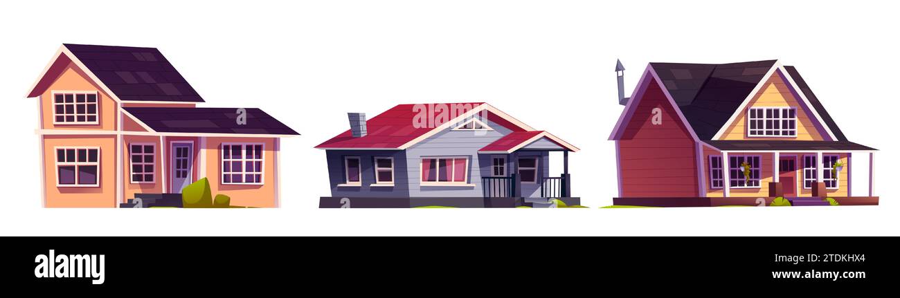 Suburban and countryside house with windows and doors, roof and patio ...