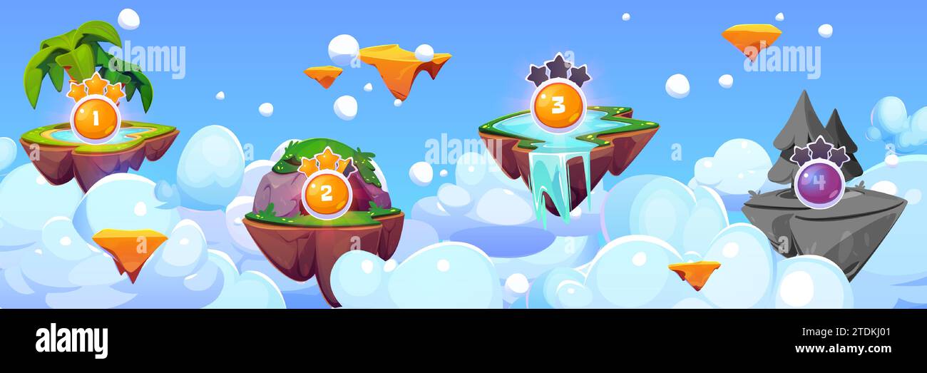 Arcade game levels map with floating islands on sky background. Vector ...