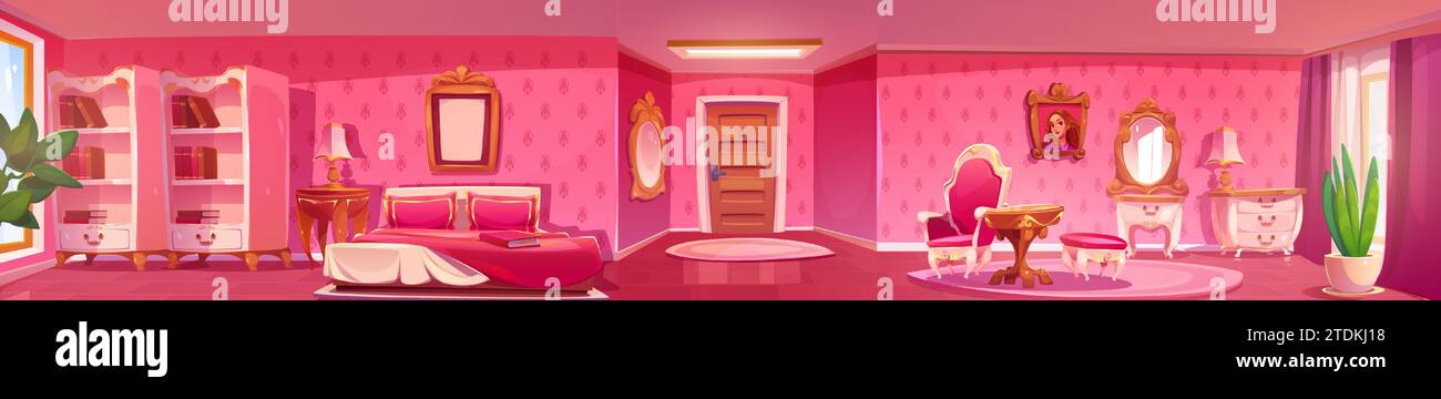 Panoramic princess bedroom interior with entrance door and pink walls ...
