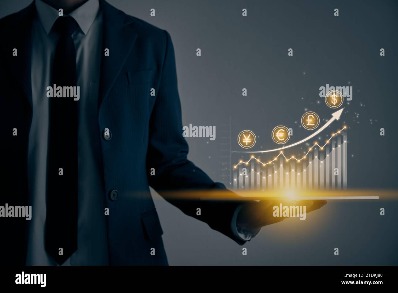Businessman Hold Tablet Left Hand and Stock Market Graph,Bar Chart ...