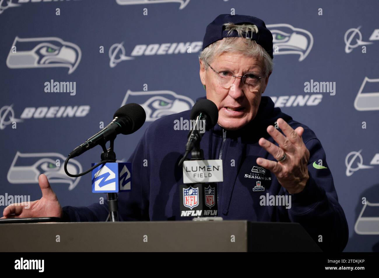 Seattle Seahawks head coach Pete Carroll speaking to the news media ...