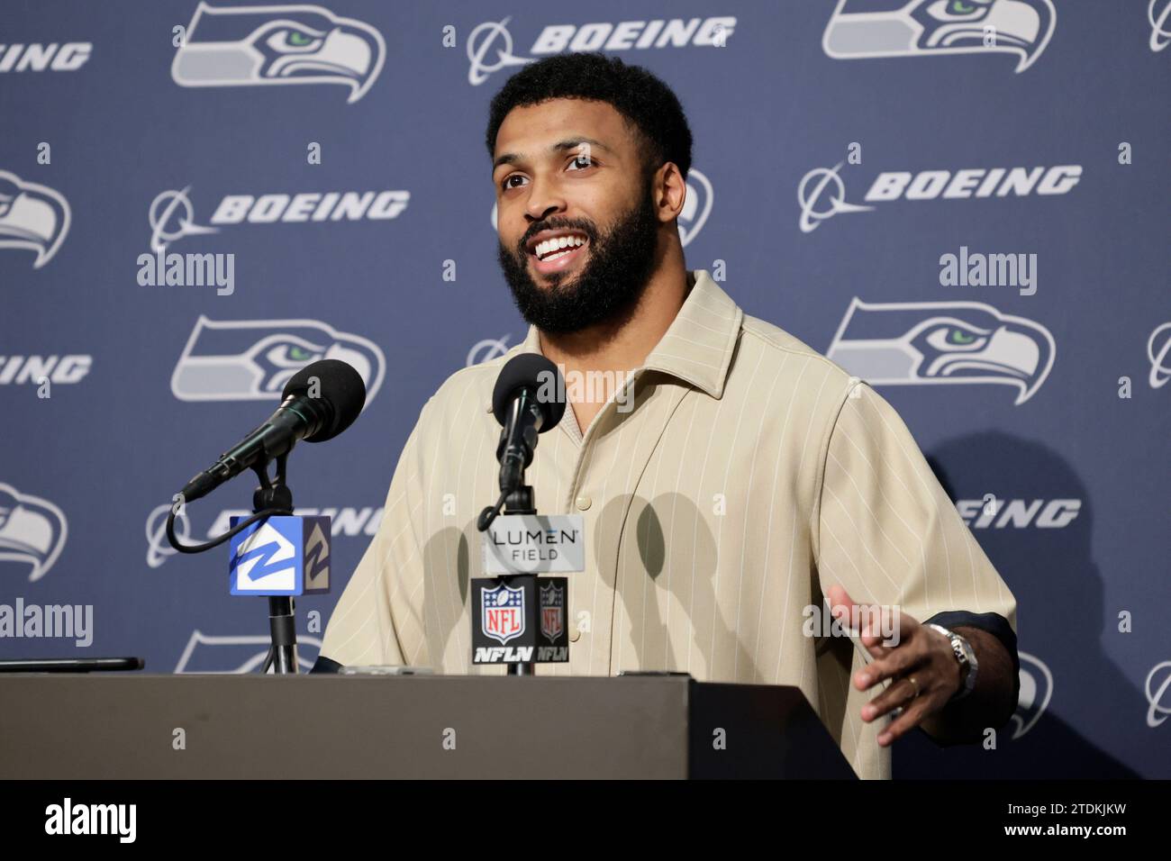 Seattle Seahawks safety Julian Love speaks to the news media after an ...