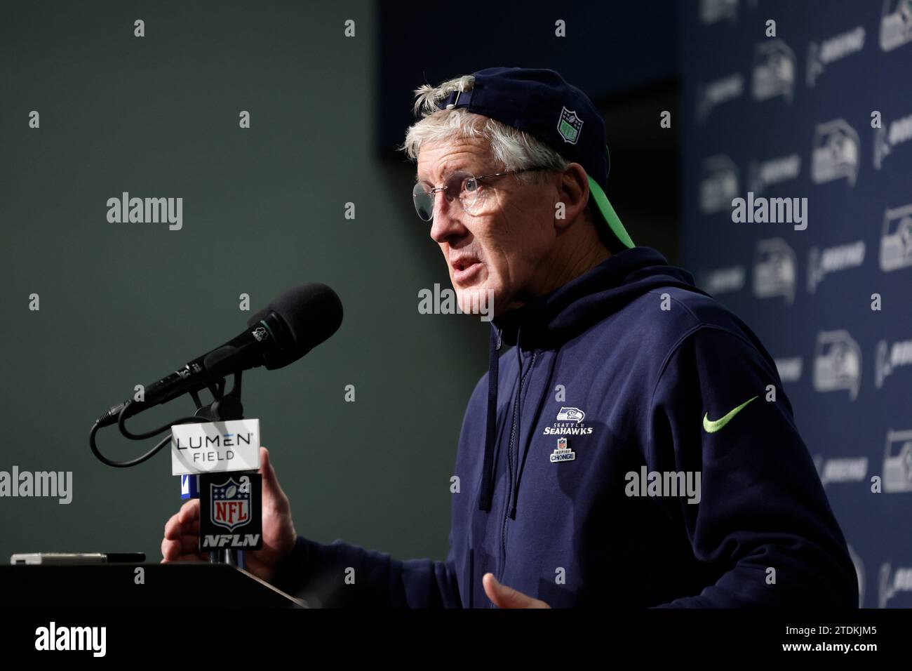 Seattle Seahawks head coach Pete Carroll speaking to the news media ...