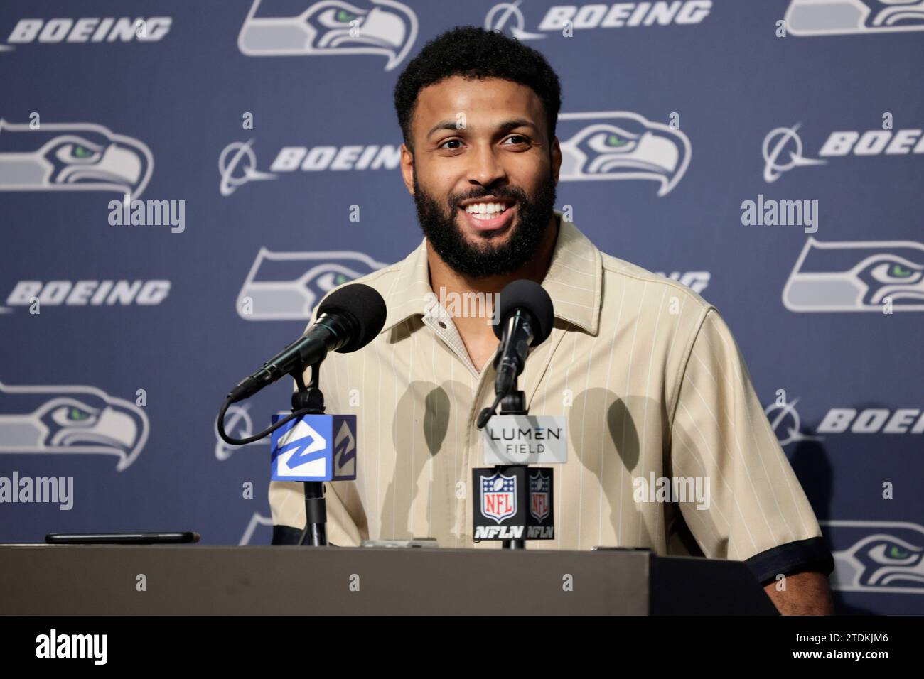 Seattle Seahawks safety Julian Love speaks to the news media after an ...