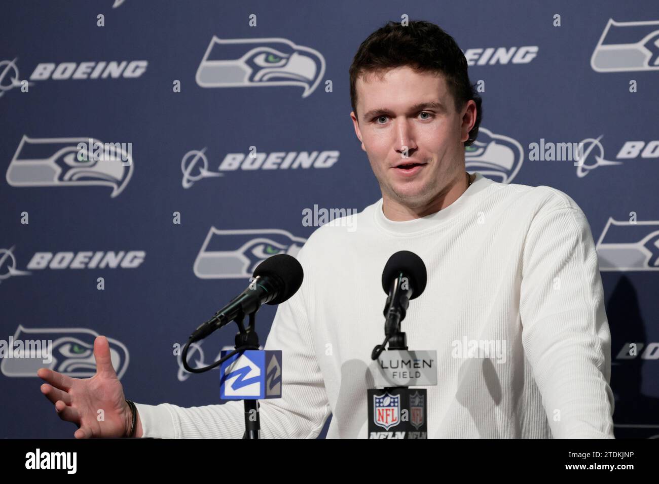 Seattle Seahawks quarterback Drew Lock speaks to the news media after ...